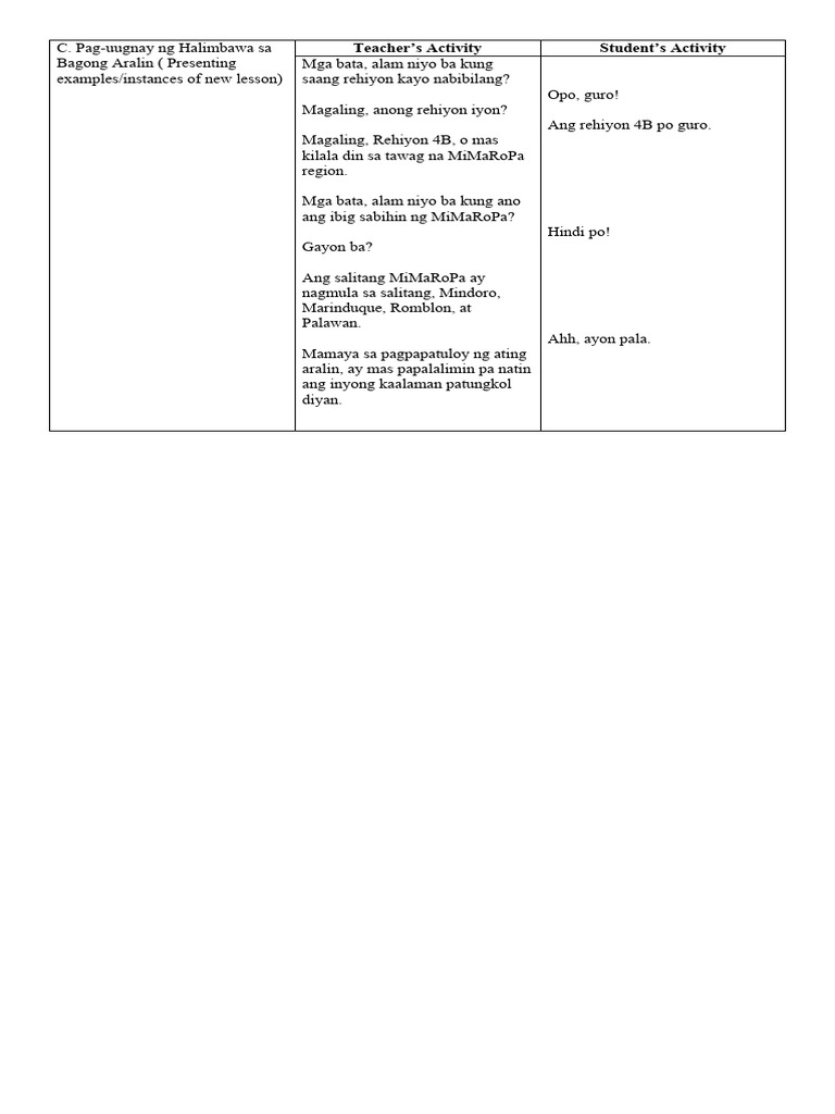 C. Pag Uugnay NG Mga Halimbawa Sa Bagong Aralin | PDF