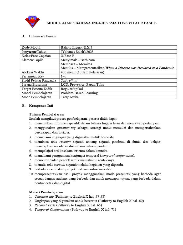 UNIT 3 - MODUL AJAR Pathway To English SMA GRADE X | PDF
