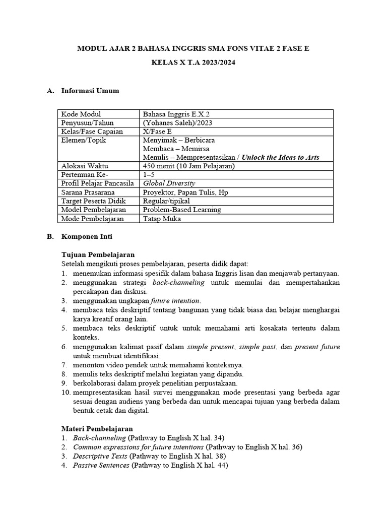 UNIT 2 - MODUL AJAR Pathway To English SMA GRADE X | PDF