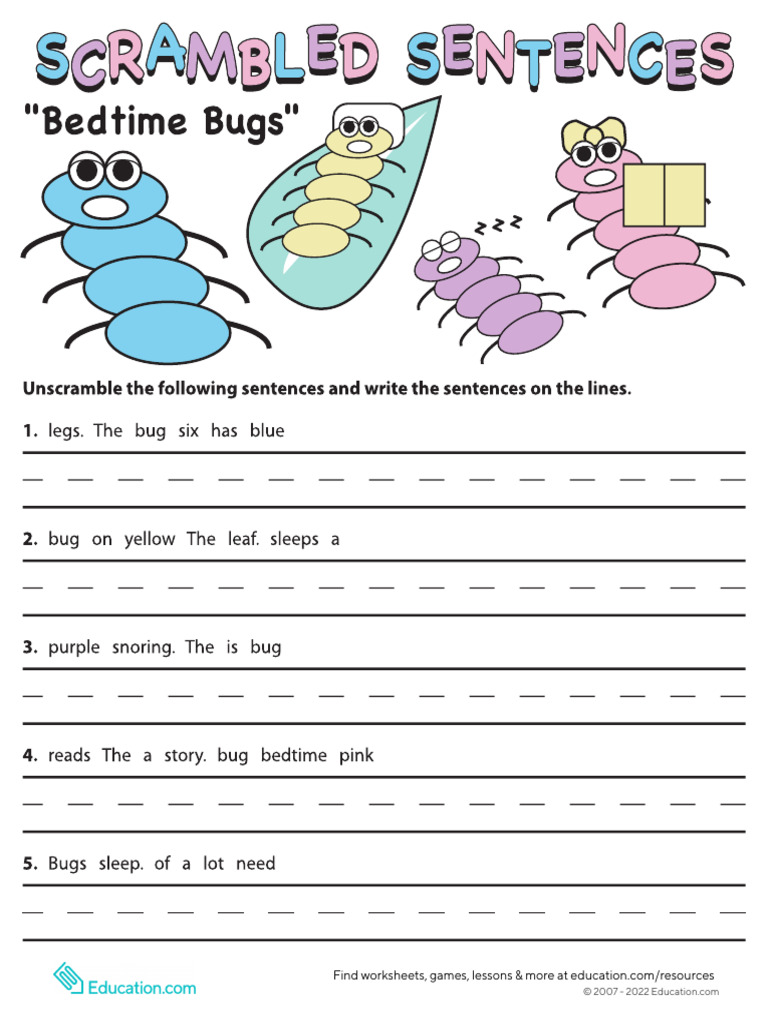 Scrambled Sentences Bedtime Bugs | PDF