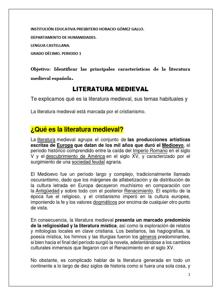 Literatura Medieval Española. 1 Periodo. | PDF | Clásicos