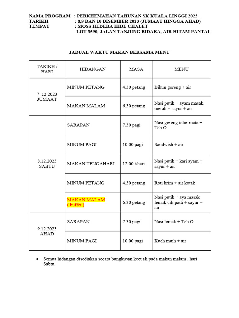 Menu Perkhemahan 2023 | PDF