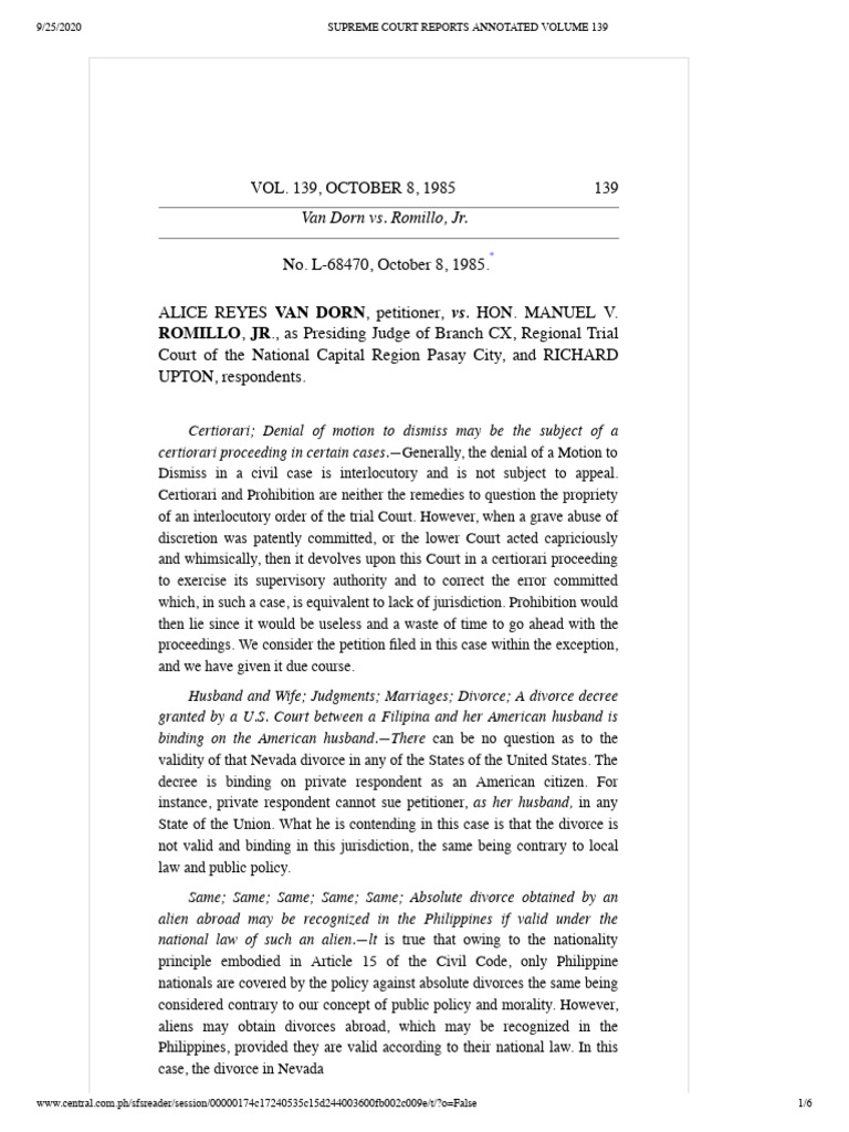 Van Dorn vs. Romillo, Jr. | PDF | Certiorari | Divorce Van Dorn vs. Romillo, Jr. | PDF | Certiorari | Divorce