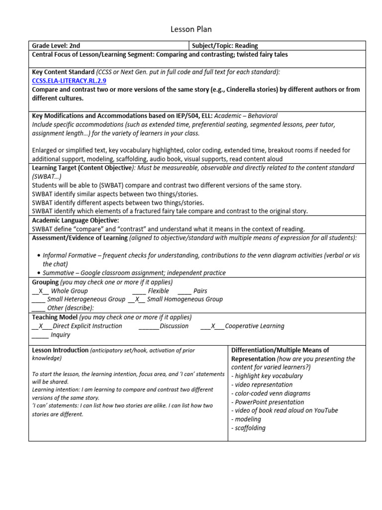 Lesson Plan 2nd Grade Ela | PDF | Lesson Plan | Teaching