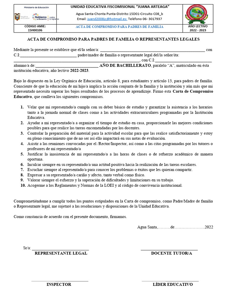 ACTA DE COMPROMISO DE PADRES DE FAMILIA 2022-2023 IMPRIMIR | PDF ...