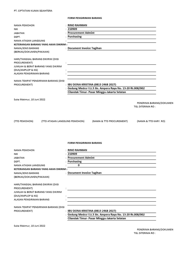 Form Pengiriman Barang | PDF