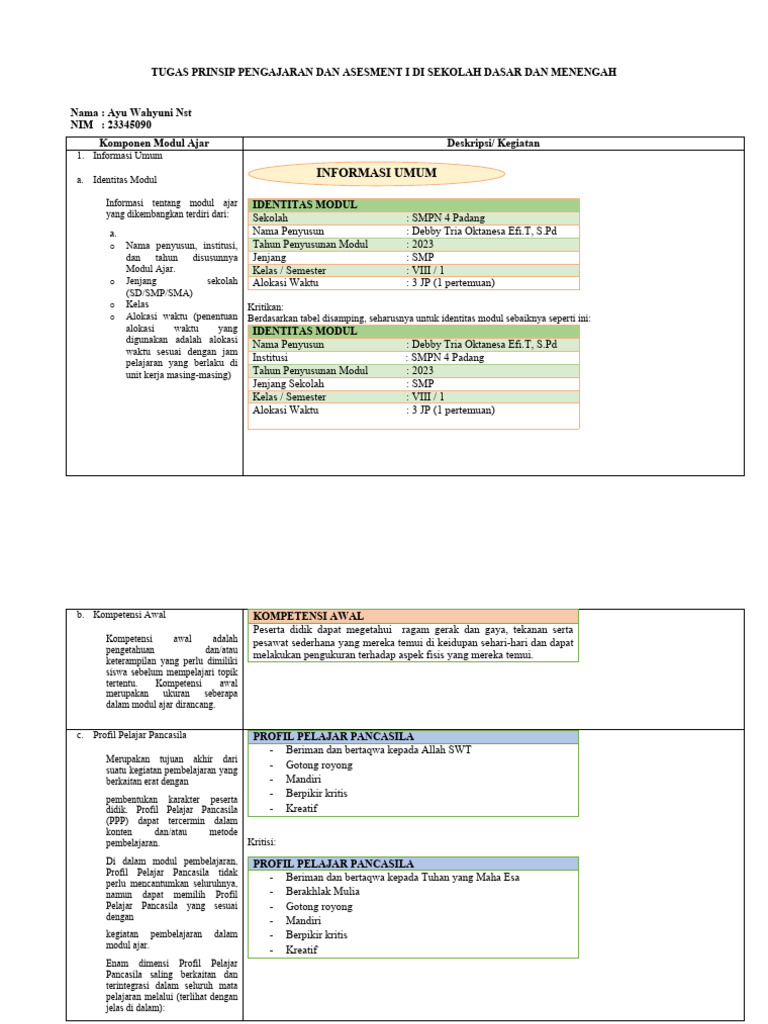 Ayu Wahyuni NST - Mengkritisi Komponen Modul Ajar Debby | PDF