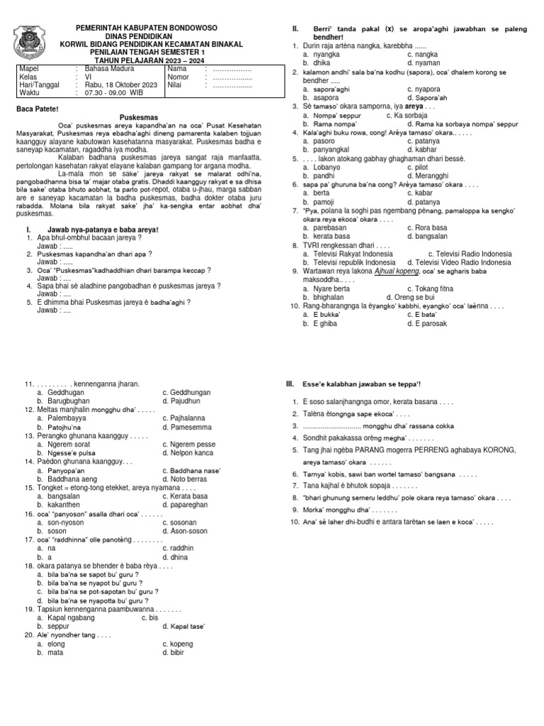 Soal Pts Bhs Madura Kls 6 2023 | PDF | Seni & Disiplin Bahasa | Kajian Bahasa Asing