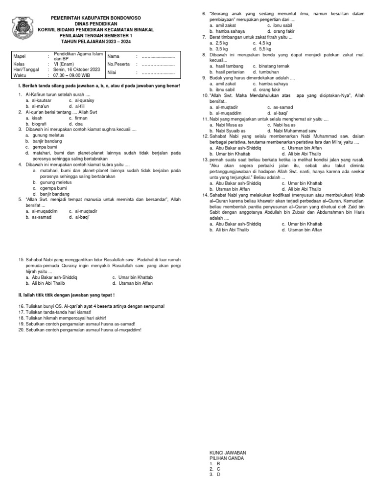 Soal Pts 1 Pai Kls 6 TH 2023 | PDF