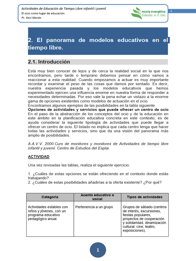 Tema 2. El Panorama de Modelos Educativos en El Tiempo Libre 1 | PDF | Ocio