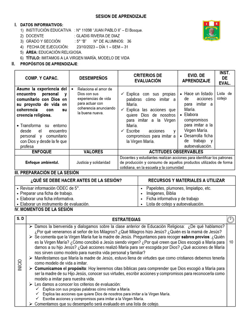 DÍA 1 ED. RElIG. IMITAMOS A MARÍA, MODELO DE VIDA | PDF | María, madre ...