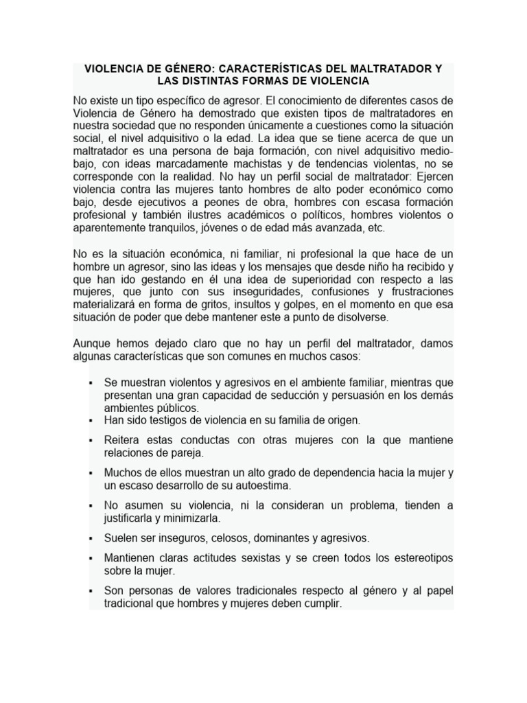 Violencia De GÉnero Caracteristicas Del Maltratador Y Tipos De