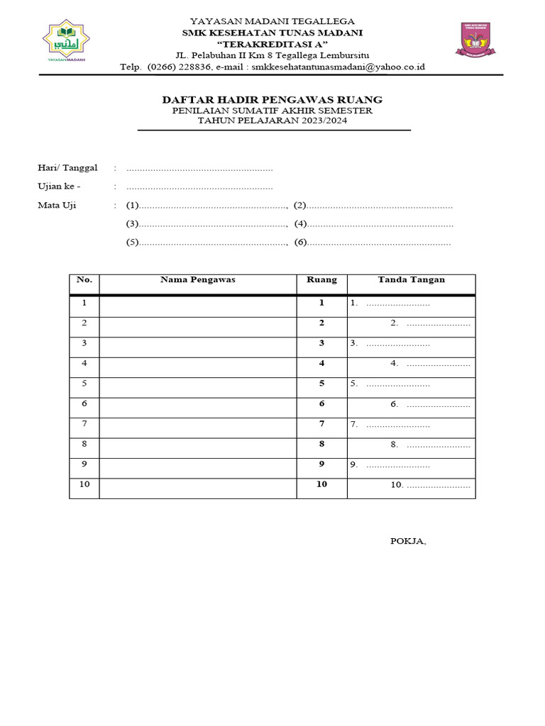 Daftar Hadir Pengawas Ruang | PDF