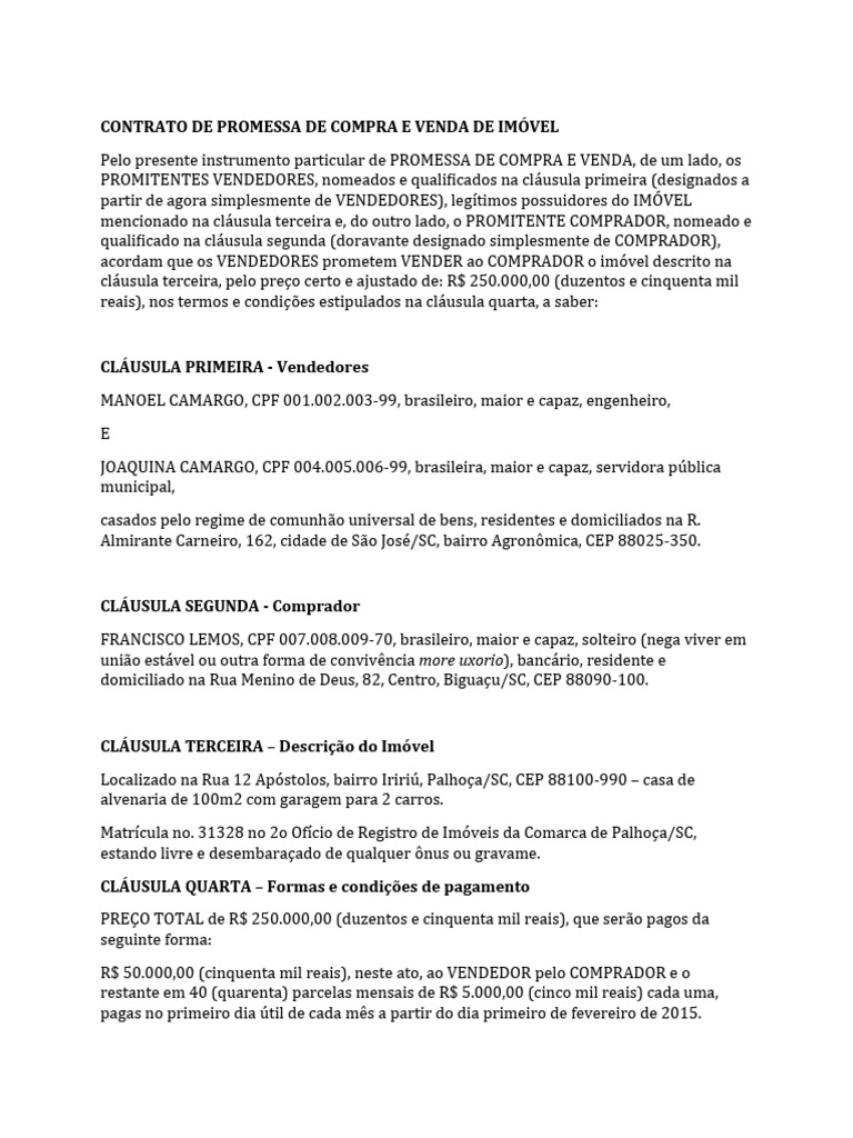 Modelo Contrato De Promessa De Compra E Venda De Imovel Pdf