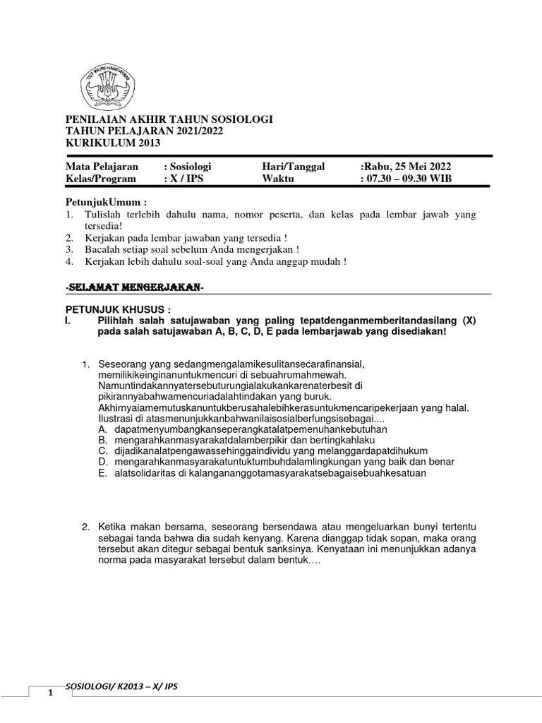 SOAL PAT X TH 2021-2022 | PDF