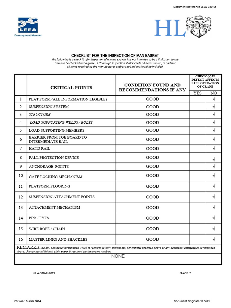 Man Basket Inspection Checklist | PDF | Manufactured Goods | Equipment