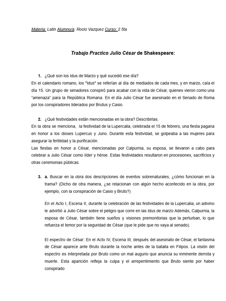 Actividad Sobre Julio César de Shakespeare | PDF | Julio César | Tragedia