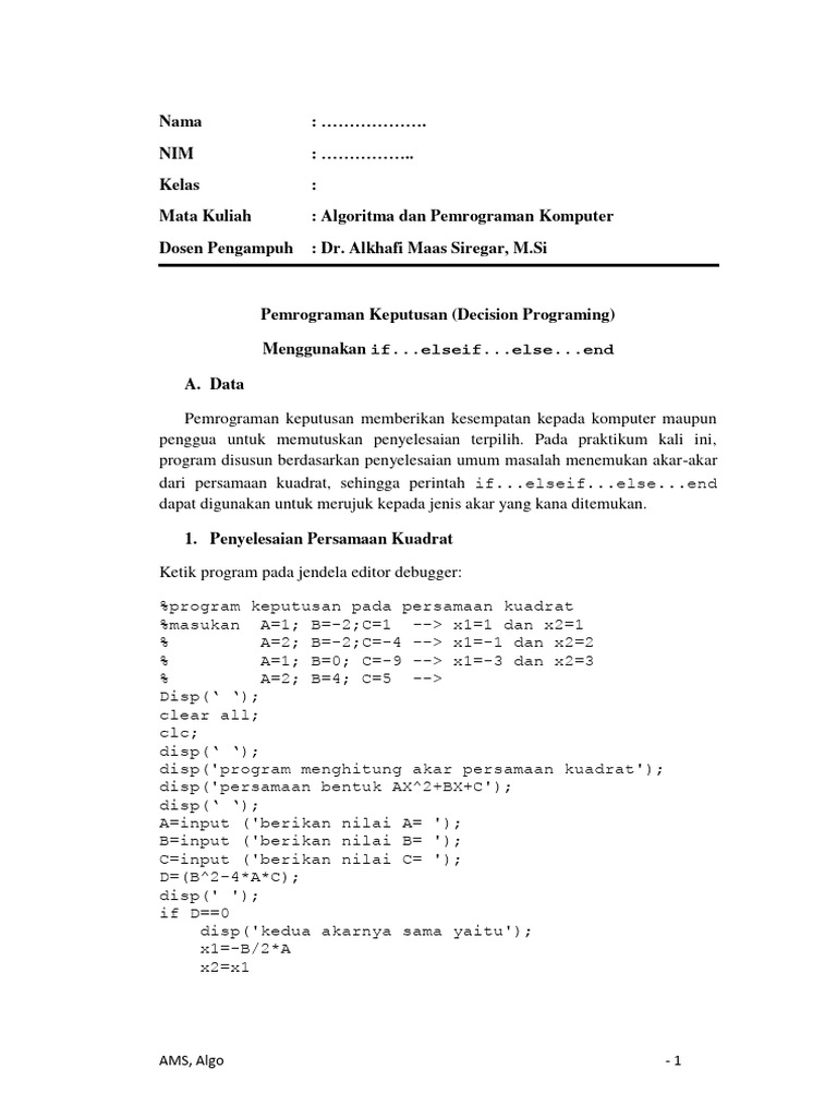 P-09 Algo Pemrograman Keputusan Menggunakan If Elseif Else End | PDF | Metode & Bahan Ajar