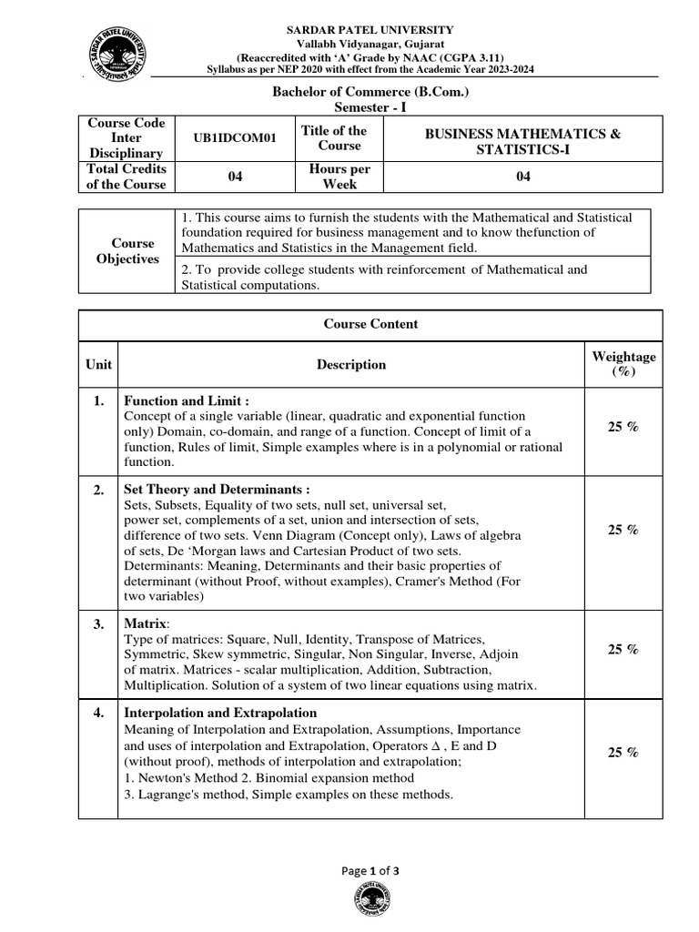Business Mathematics & Statistics Syllabus | PDF | Determinant | Set ...