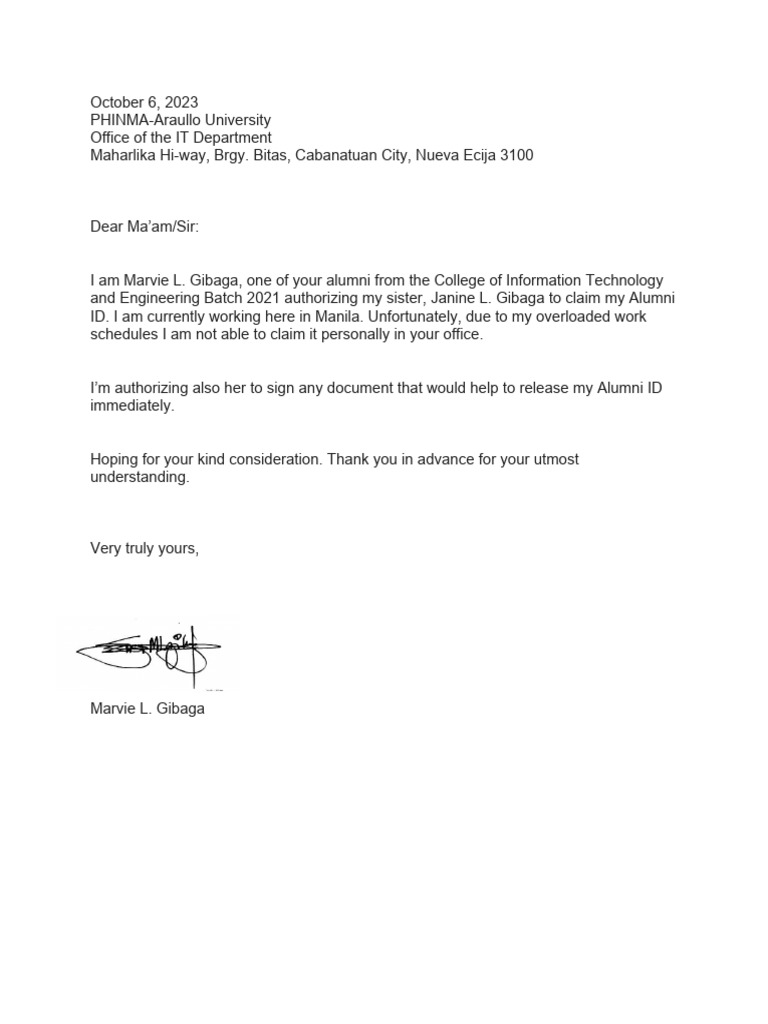 Alumni ID Authorization Letter | PDF | Career & Growth | Computers