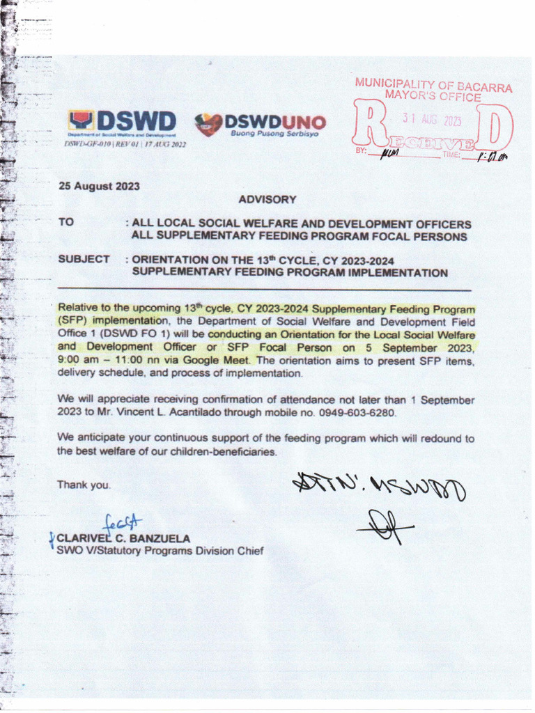 Mswdo Orientation On The 13TH Cycle Cy 2023 2024 Supplementalry Feeding ...