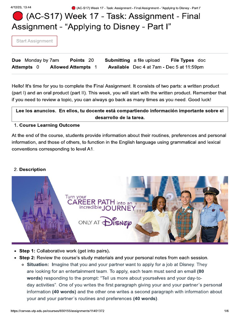 ? (AC-S17) Week 17 - Task - Assignment ... Gnment - "Applying To Disney - Part I" | PDF