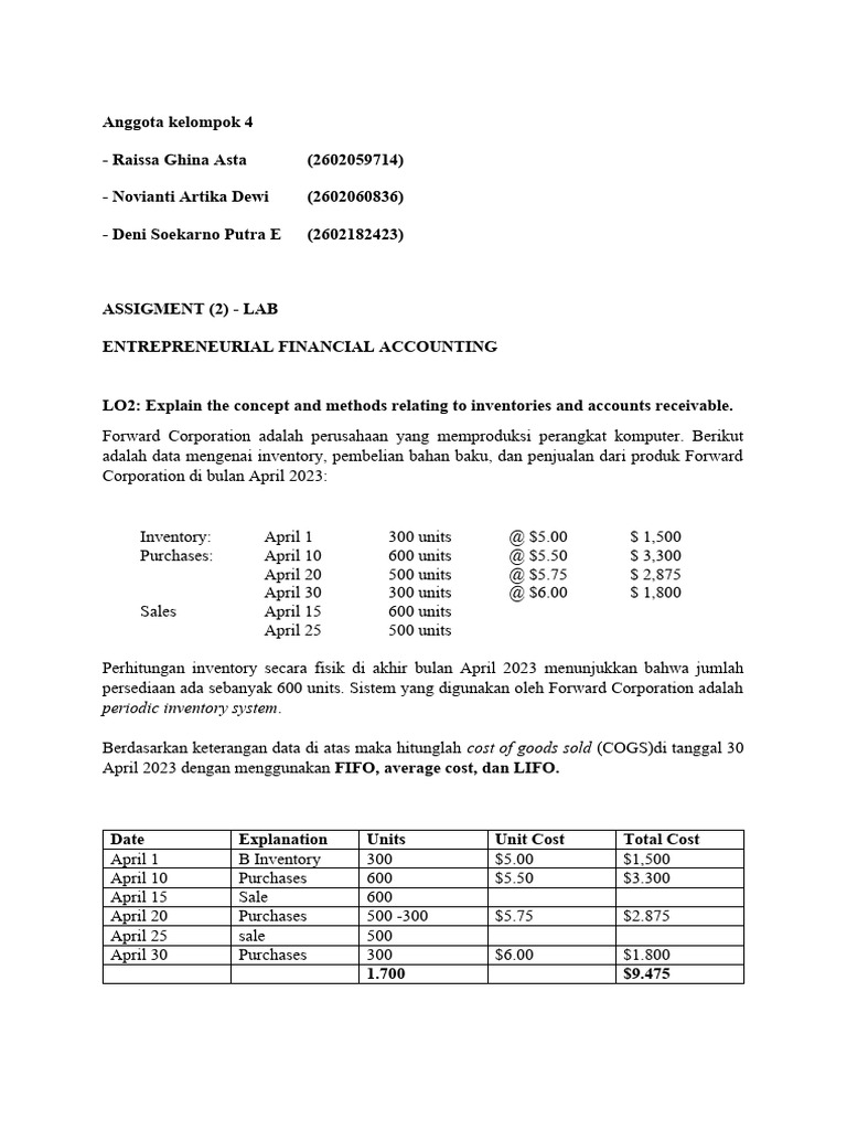 Assignment 2 - LAB - Accounting | PDF | Cost Of Goods Sold | Inventory