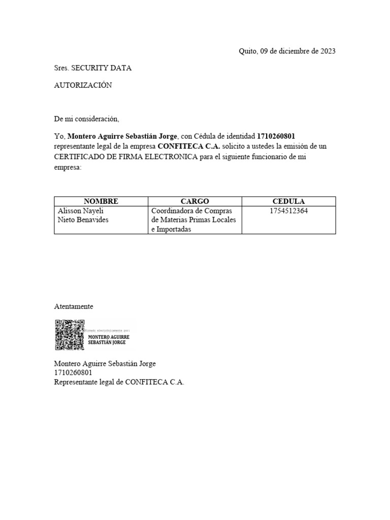 Copia a color digitalizada de la carta de Autorización firmada por el ...