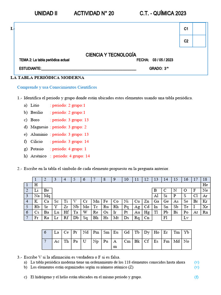 Hoja De Trabajo De La Tabla Periódica Con Respuestas Y Claves