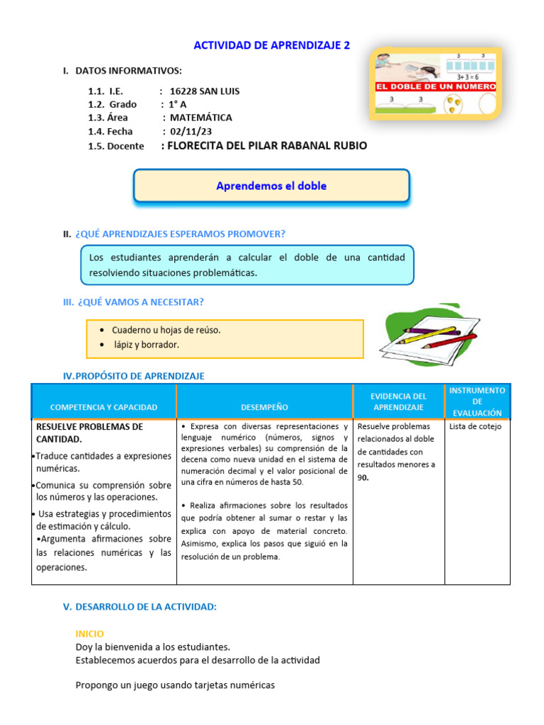 ACTIVIDAD Aprendemos El Doble | PDF