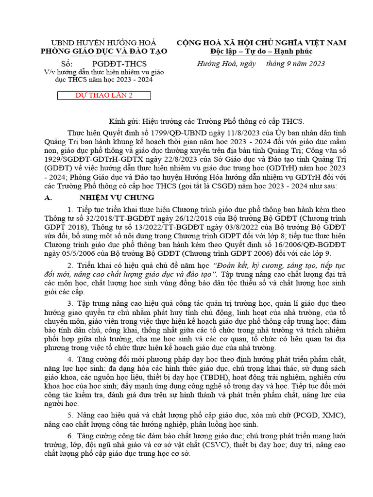 HUONG DAN NHIEM VU GDTrH- 2023-2024 | PDF