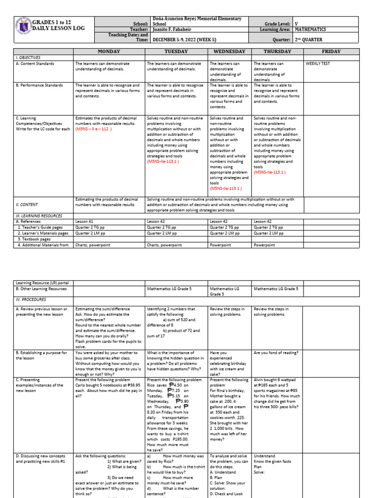 DLL - Mathematics 5 - Q2 - W5 | PDF