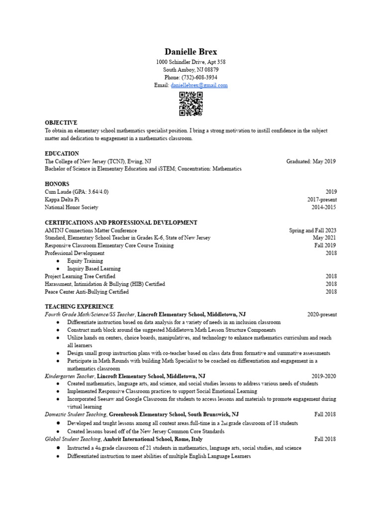 Danielle Brex - Resume 1 | PDF | Differentiated Instruction | Teachers