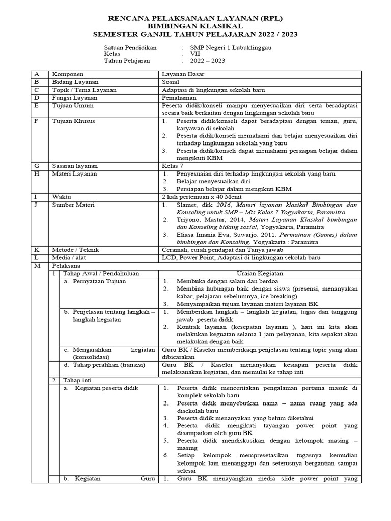 Rencana Pelaksanaan Layanan BK Kelas VII | PDF