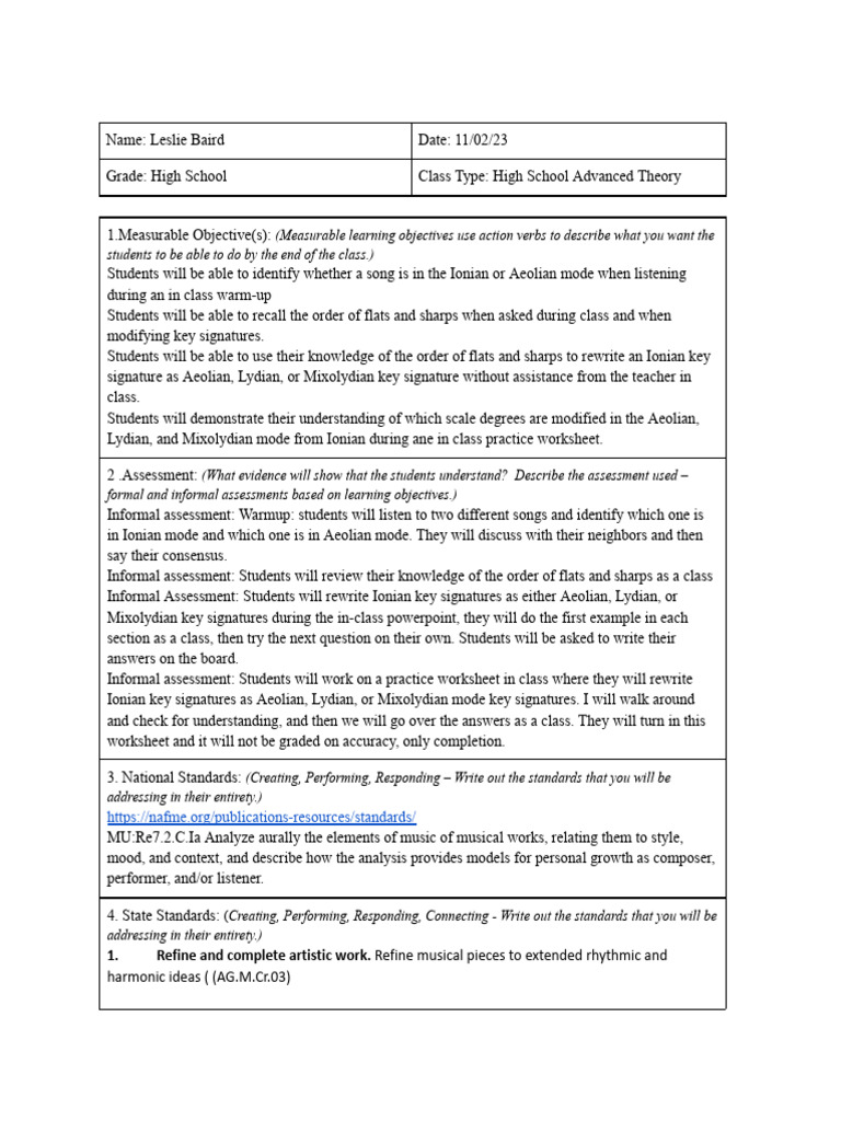 High School Lesson Plan | PDF | Mode (Music) | Minor Scale