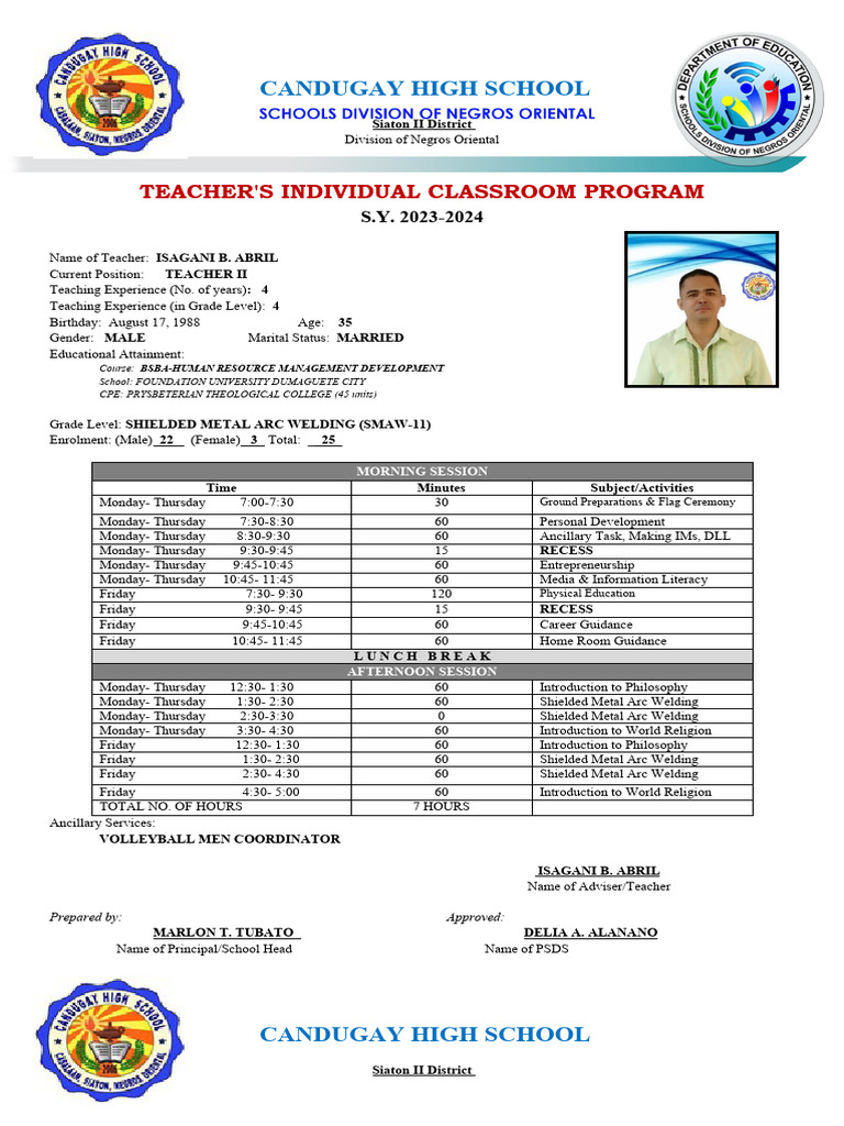 ISAGANI B. ABRIL Final Classroom Program | PDF | Teachers | Welding