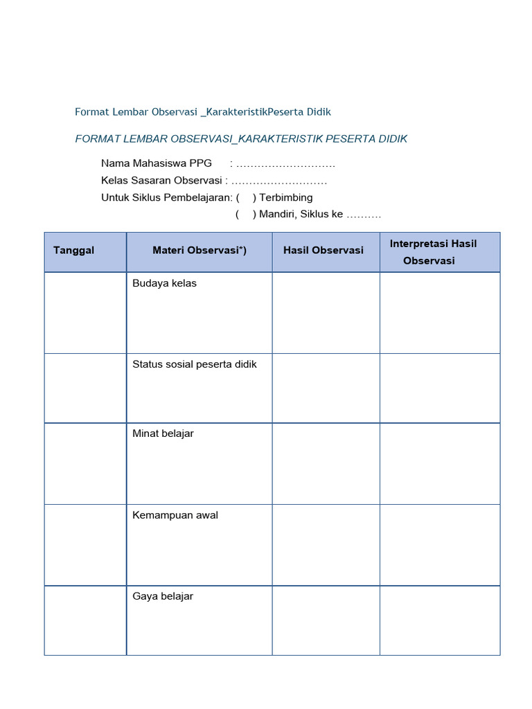 Format Lembar Observasi PPL | PDF