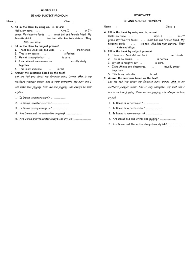 Pronoun and Verb "Be" Worksheet | PDF
