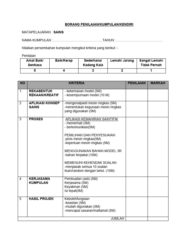 Rubrik Sains - PBL Stem 2023 | PDF