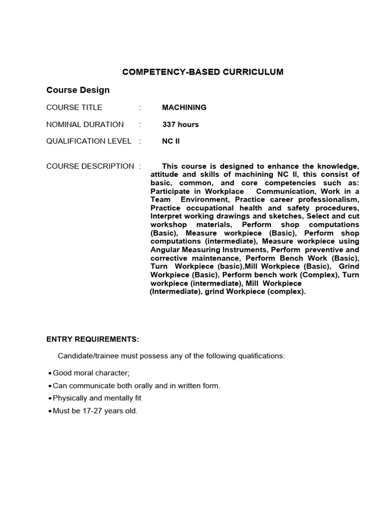 Machining NC II Course Outline | PDF | Occupational Safety And Health ...