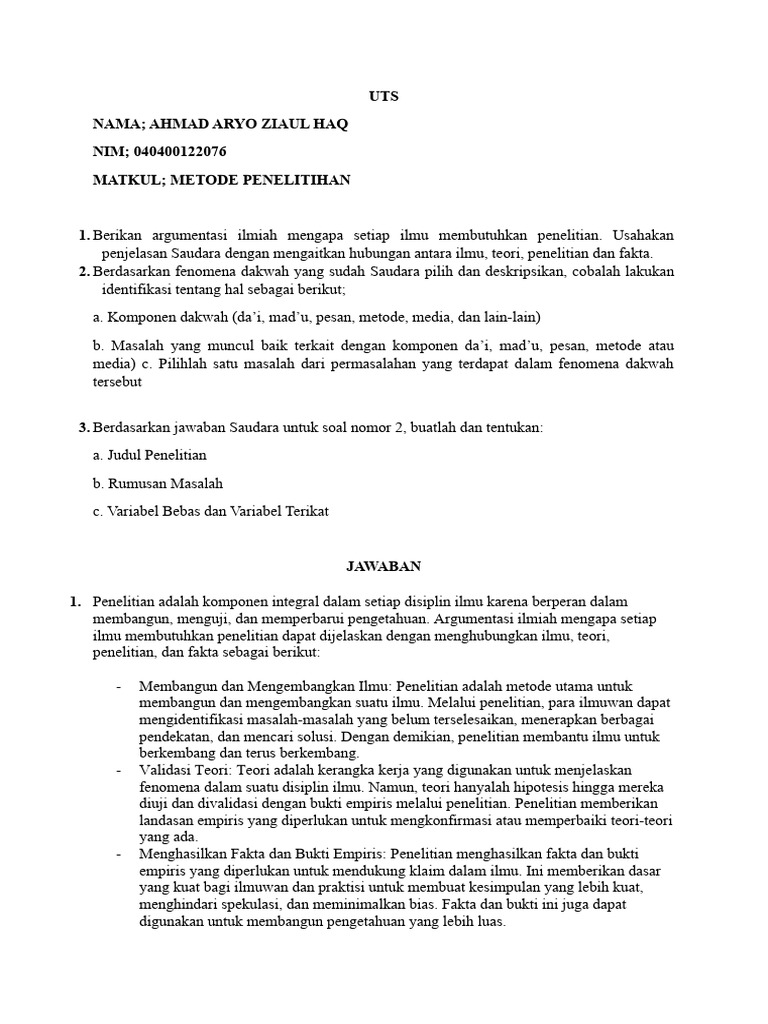 Uts Metode Penelitihan | PDF