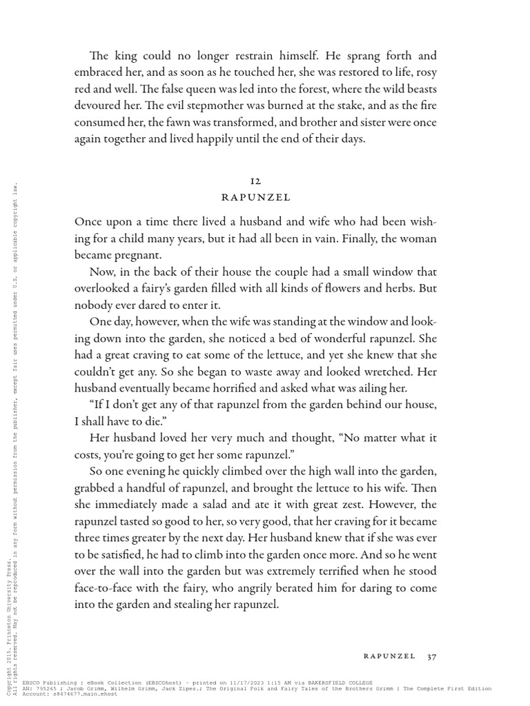 Rapunzel by The Brothers Grimm (Jack Zipes Translation) | PDF ...