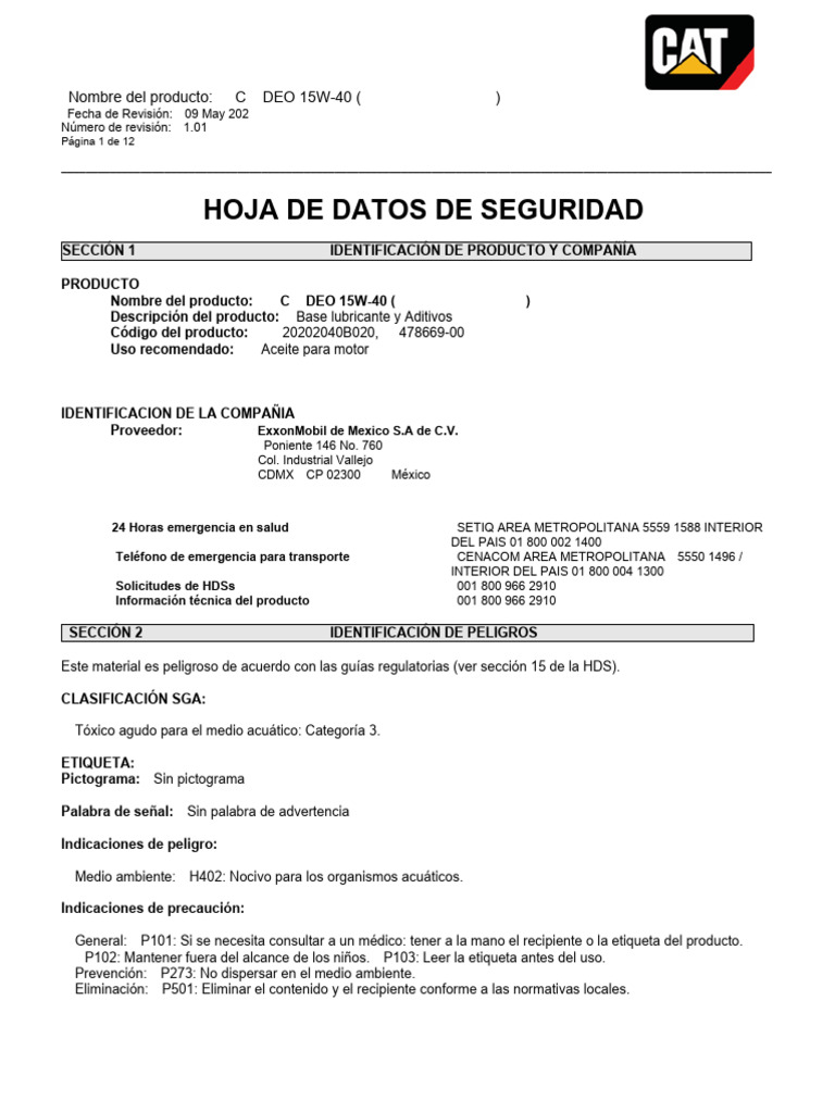 MSDS - Cat DEO 15W-40 (Aceite para Motores) - Actualizada | PDF | Agua ...