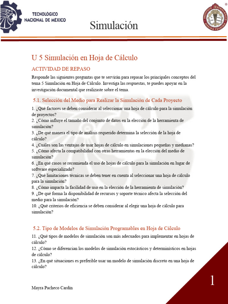 U5 Actividad de Repaso - Cuestionario para Responder | PDF | Simulación | Hoja de cálculo