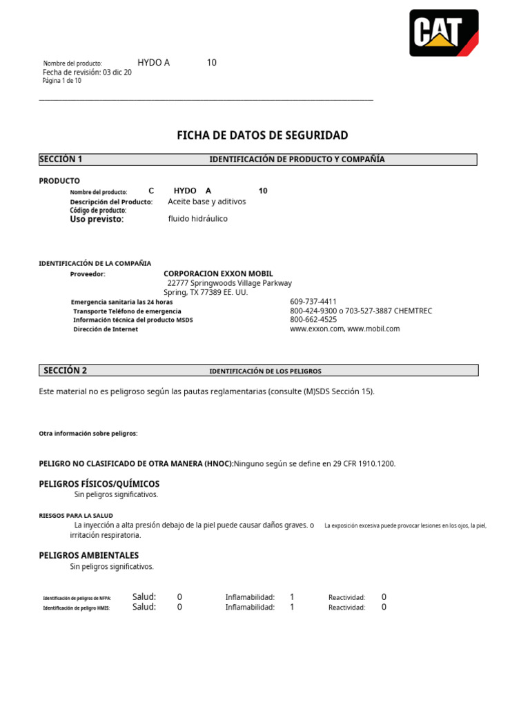 Hoja de Seguridad Cat HYDO Advanced 10 | PDF | Ventilación ...