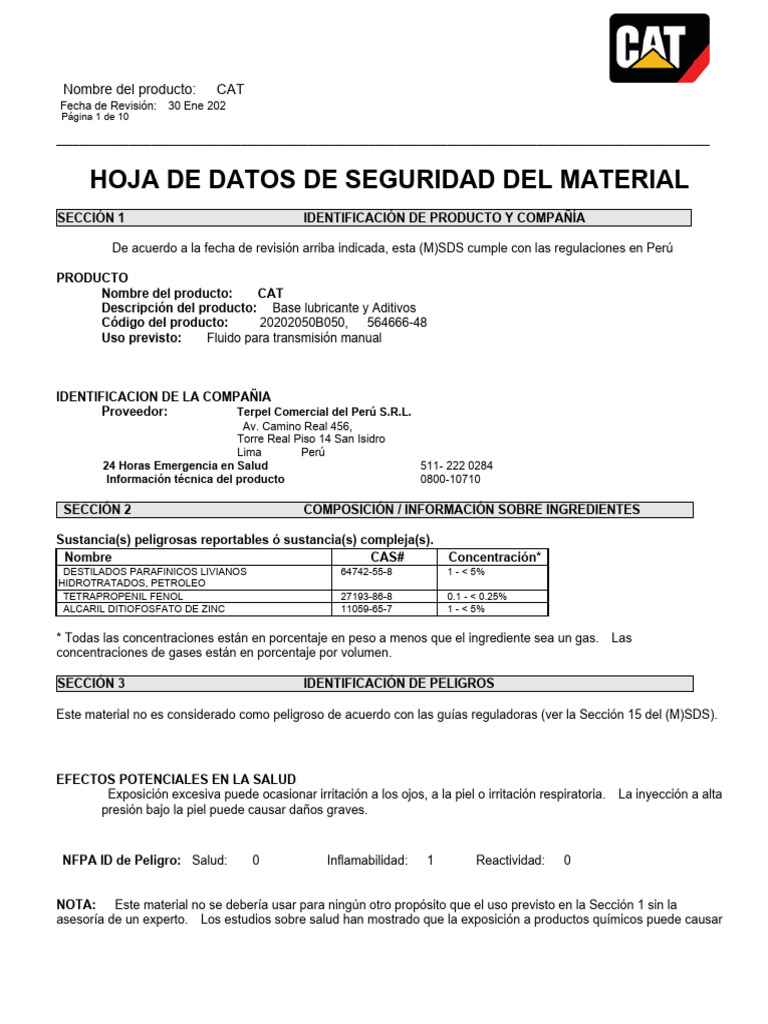MSDS - CAT SAE 30 (Aceite para Transmisiones y Trenes de Impulsión ...