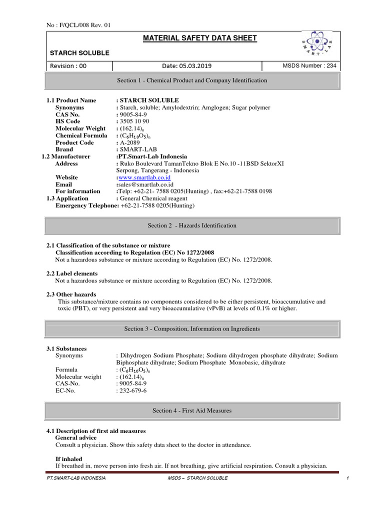 MSDS Starch Soluble | PDF | Dangerous Goods | Toxicity