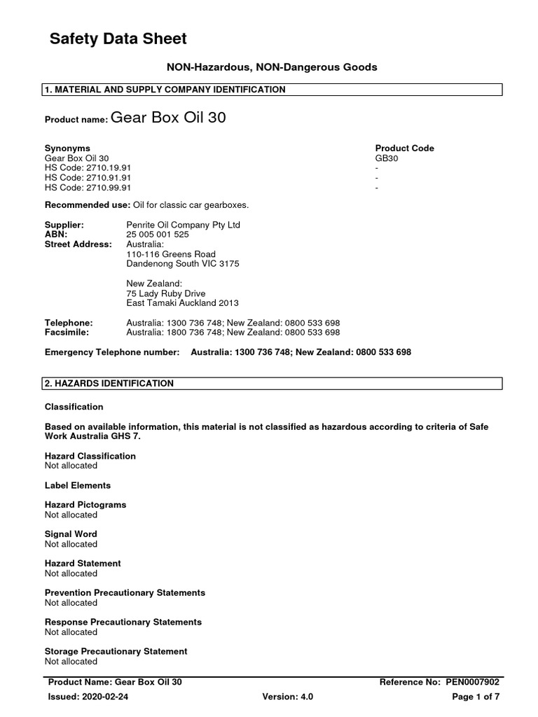 Gear Box Oil 30 Safety Data Sheet | PDF | Toxicity | Personal ...