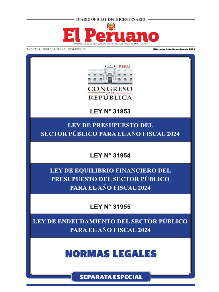 Ley 31953 Presupuesto Del Sector Publico para El Anio Fiscal 2024 | PDF