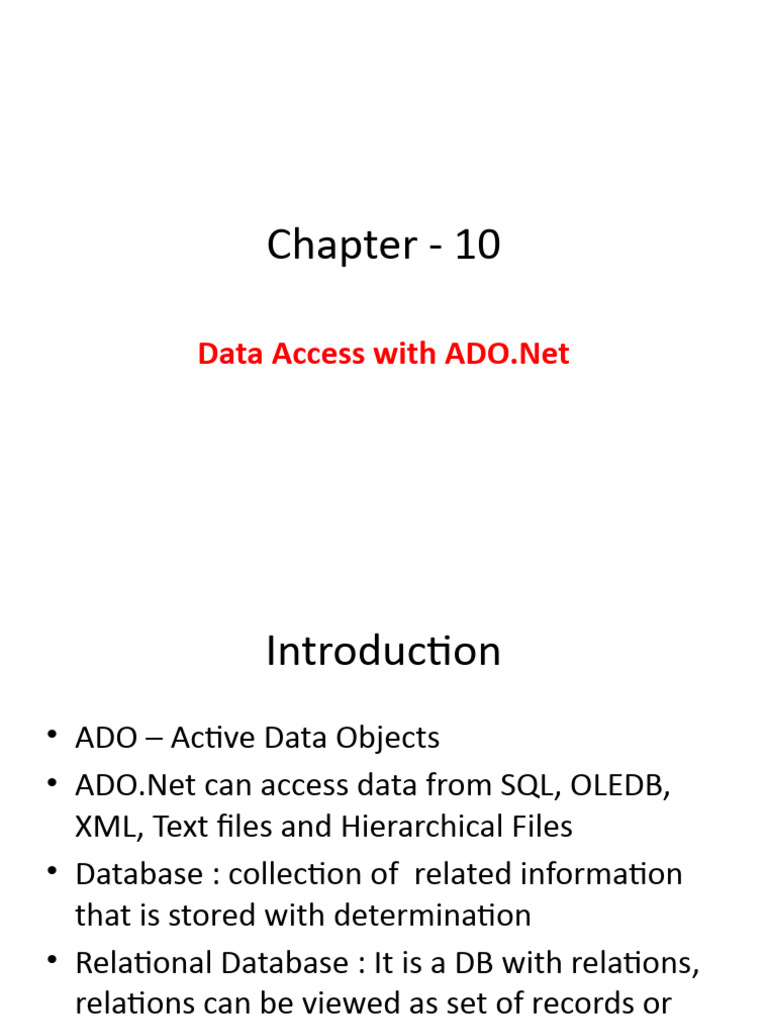 Bca Chapter 10 - Ado - Net With Database | PDF | Relational Database | Active X Data Objects